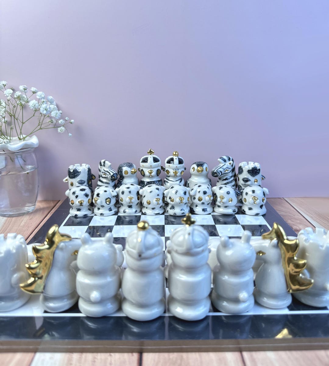 Handmade Porcelain Animal Chess Set – Sketchy Black & White Design ...