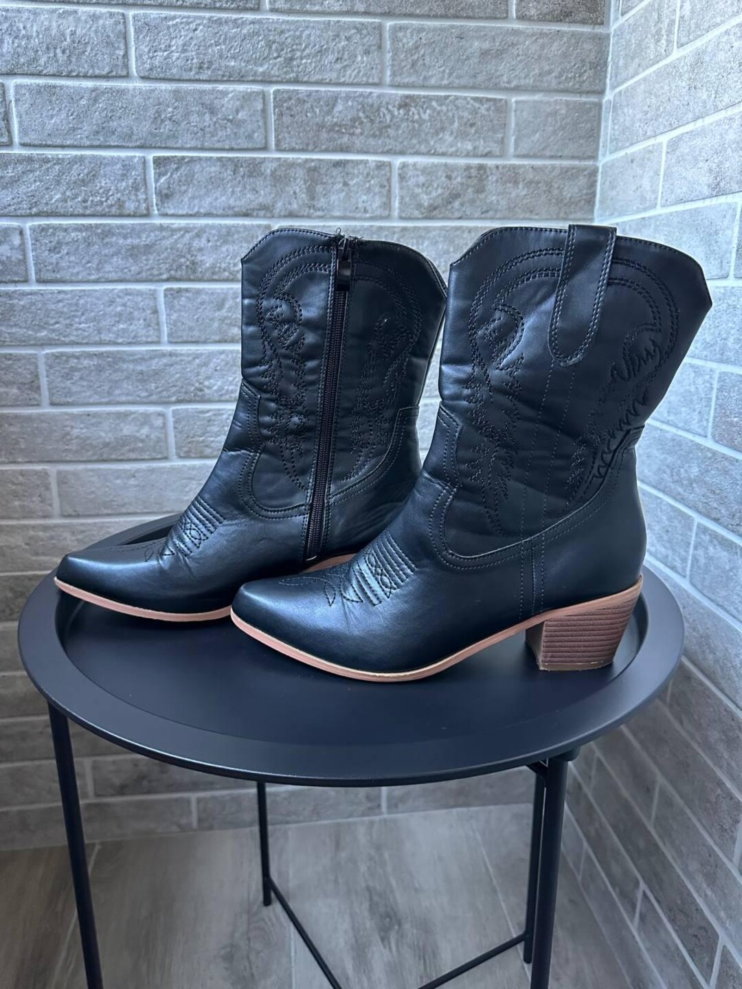 Black Western Cowgirl Boots Cossacks Boots Faux Leather Shoes Ankle ...