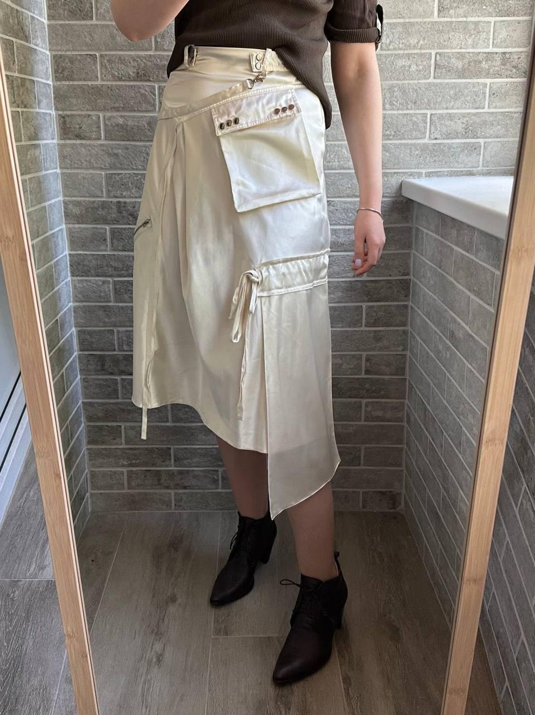 Beige Midi Cargo Skirt Grunge Skirt With Snaps Pockets Bohemian Skirts ...
