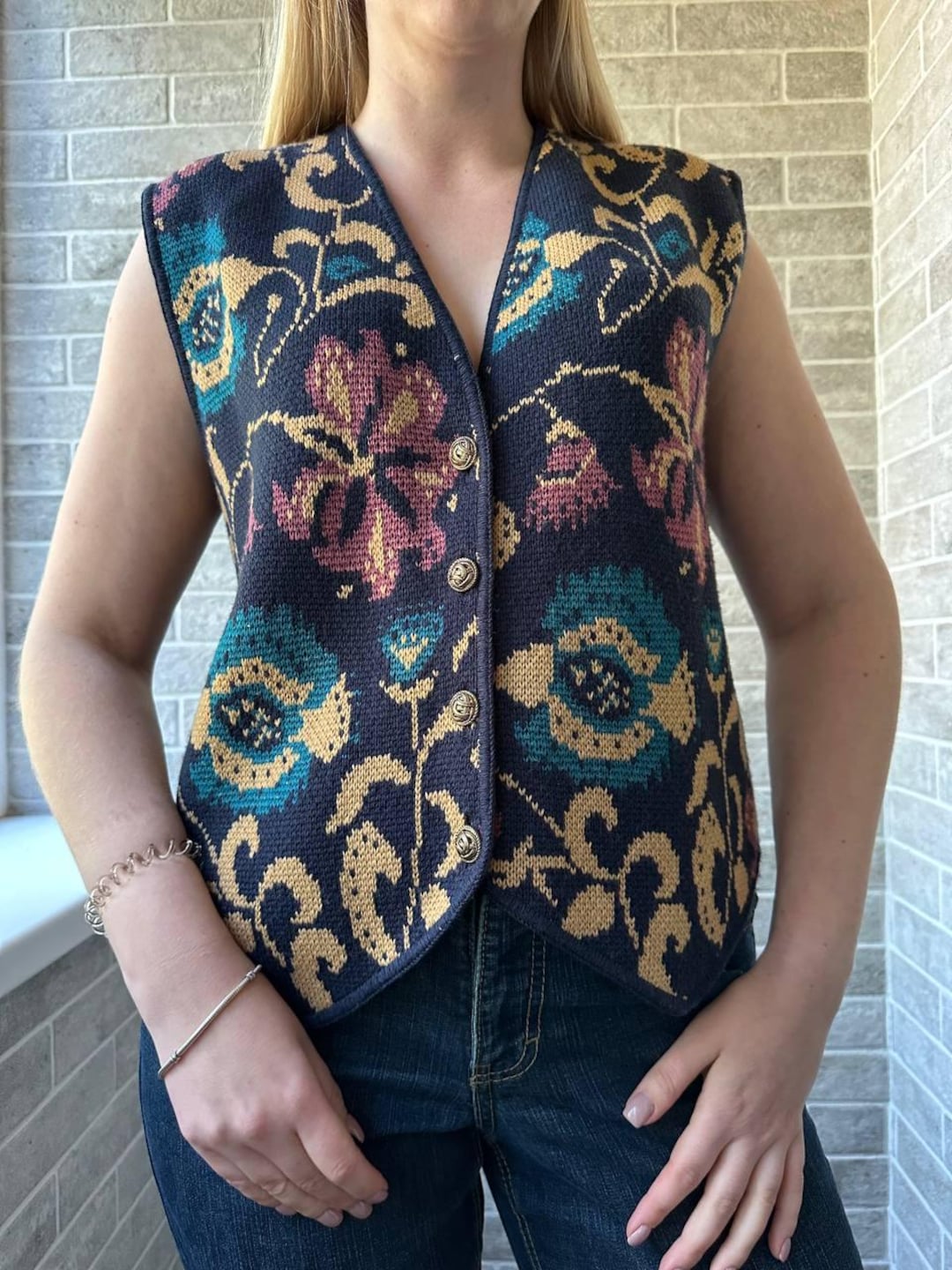 Vintage Knit Vest With Floral Tapestry Pattern Boho 70s Sleeveless ...