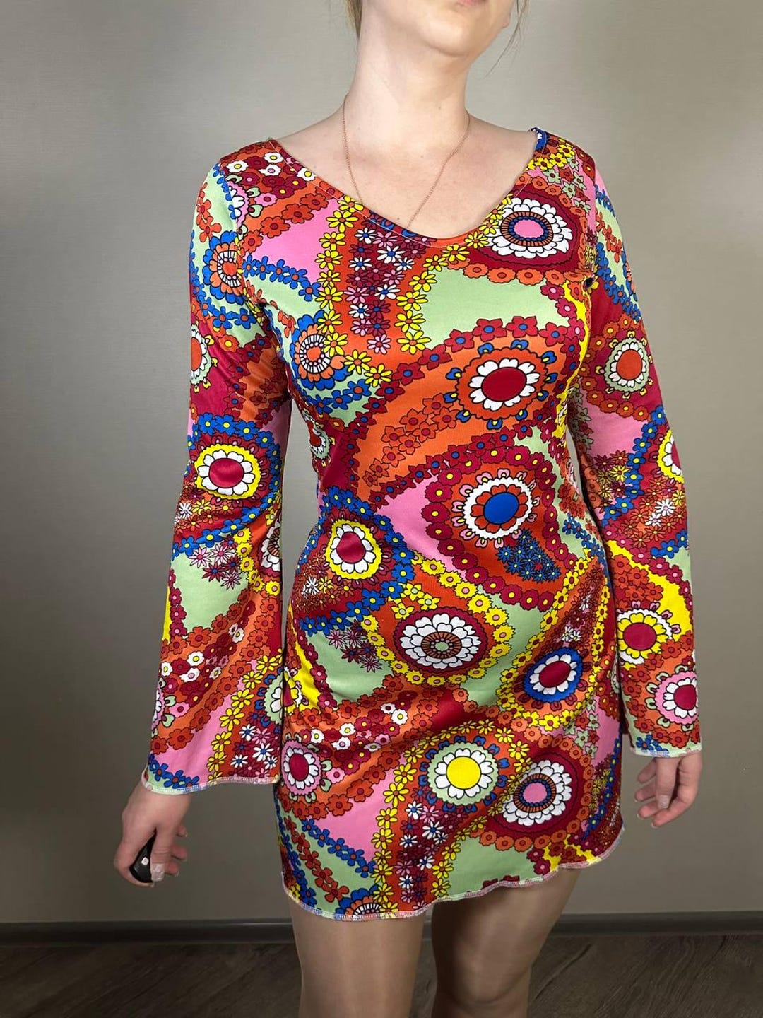 Colorful Bell Sleeve Mod Hippie Mini Dress Festival Dress Psychedelic ...