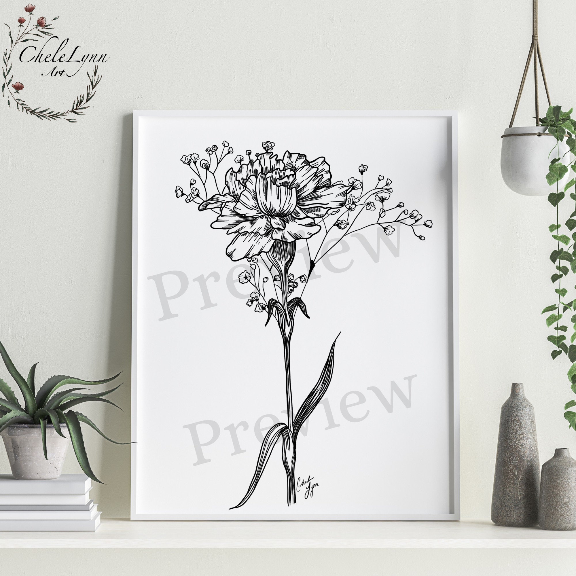 January Birth Flower Art January Carnation Birth Flower | Etsy