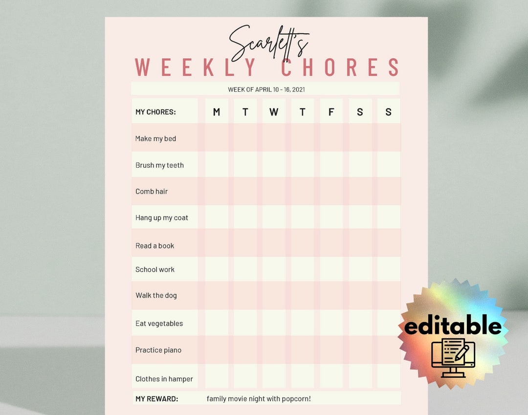 Weekly Chores, Kids CHORE CHART, PRINTABLE, Reward Chart, Bedtime ...