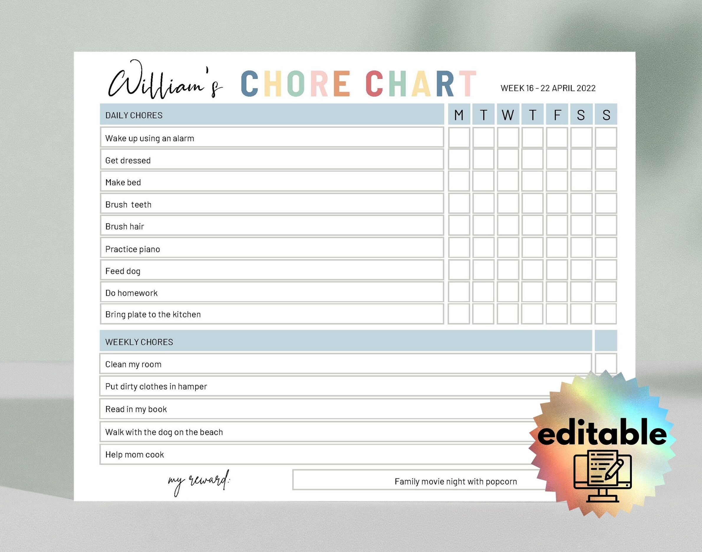 CHORE Chart PRINTABLE Reward Chart Routine Chart Kids - Etsy