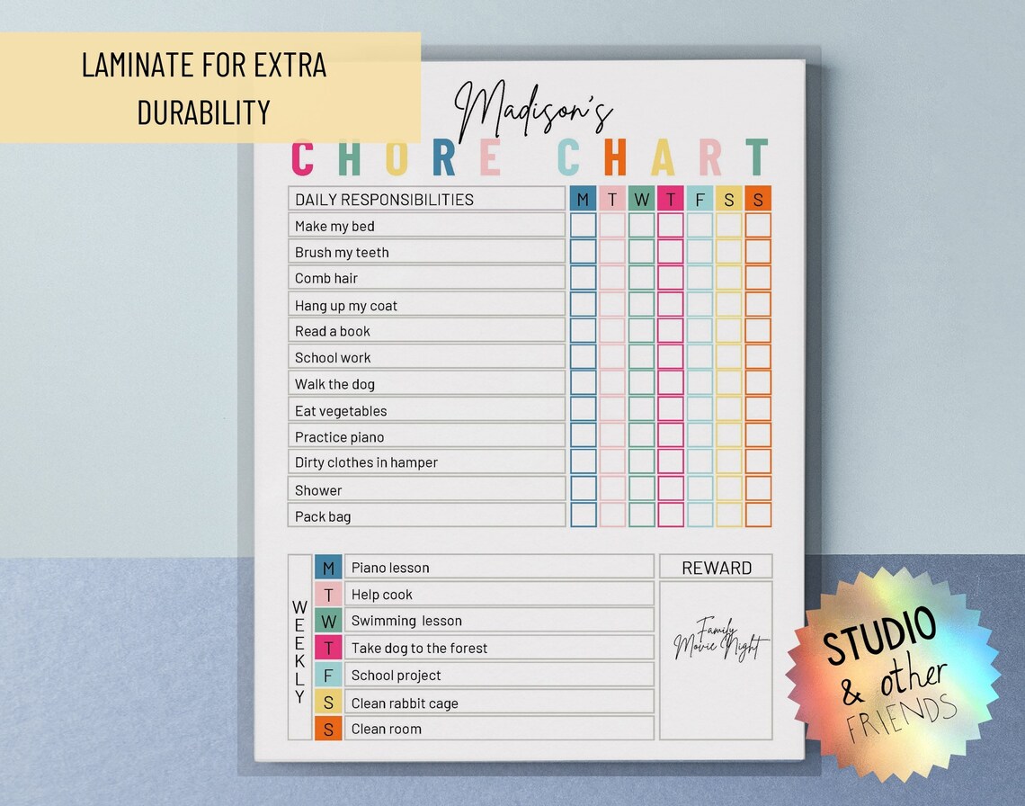 CHORE CHART for Kids Reward Chart Kids checklist Kids Chore | Etsy