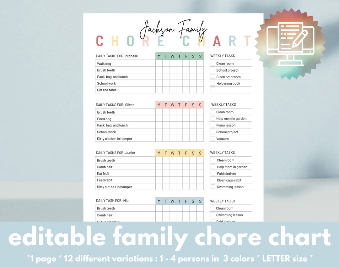 FAMILY Chore Chart PRINTABLE, Weekly Chores, Kids Chore Chart EDITABLE ...