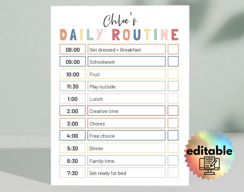 DAILY ROUTINE Chart, Chore Chart for Kids, EDITABLE, Bedtime Routine Chart, Kids Checklist ...