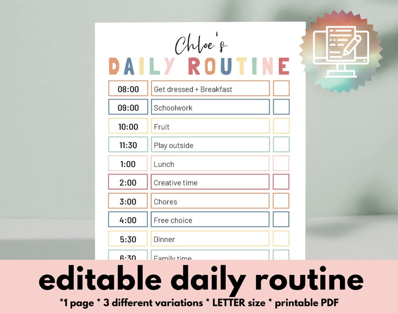 DAILY ROUTINE Chart, Chore Chart for Kids, EDITABLE, Bedtime Routine ...