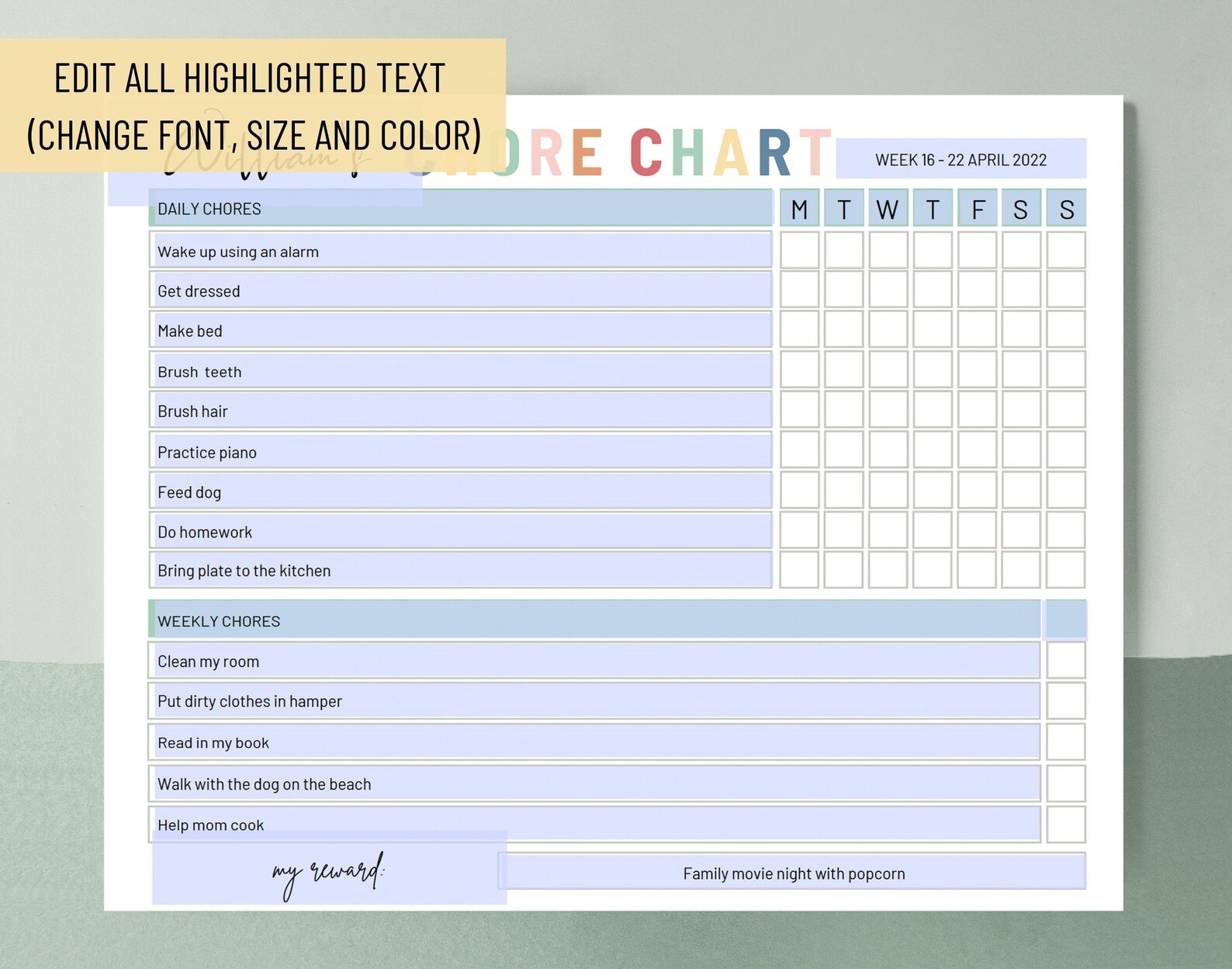 CHORE Chart PRINTABLE Reward Chart Routine Chart Kids - Etsy