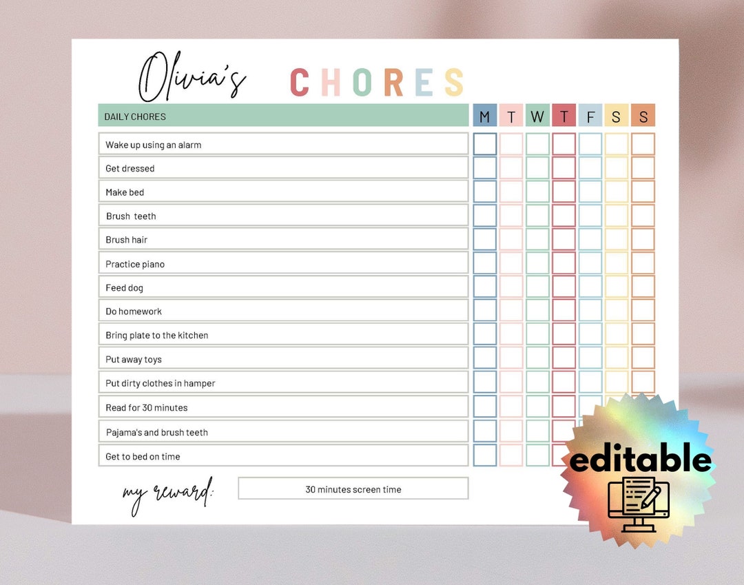 CHORE Chart for Kids, Reward Chart, Routine Chart, Kids Checklist ...