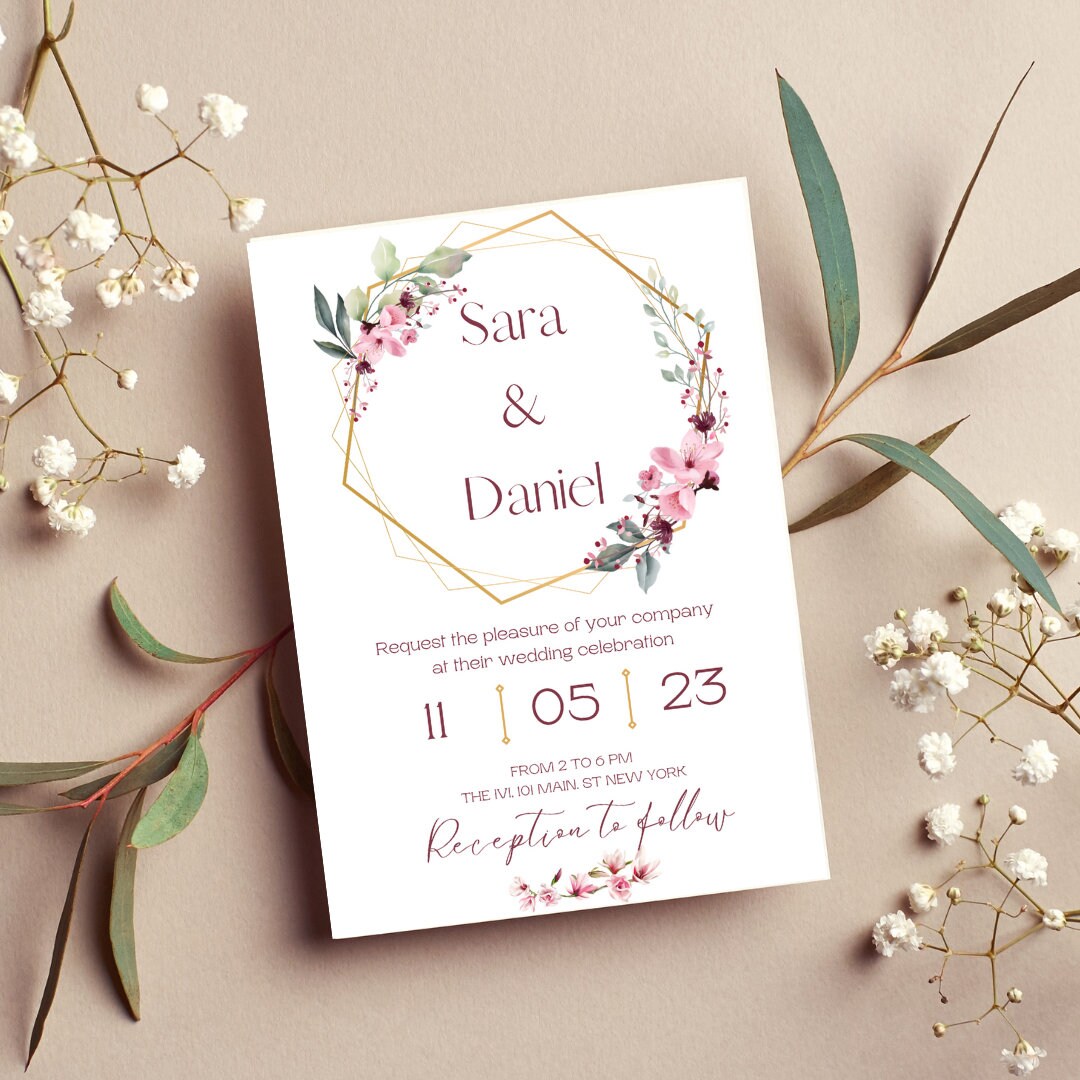 Pink Flowers Hexagon Wedding Digital Invitation, Watercolor Rose Flower ...