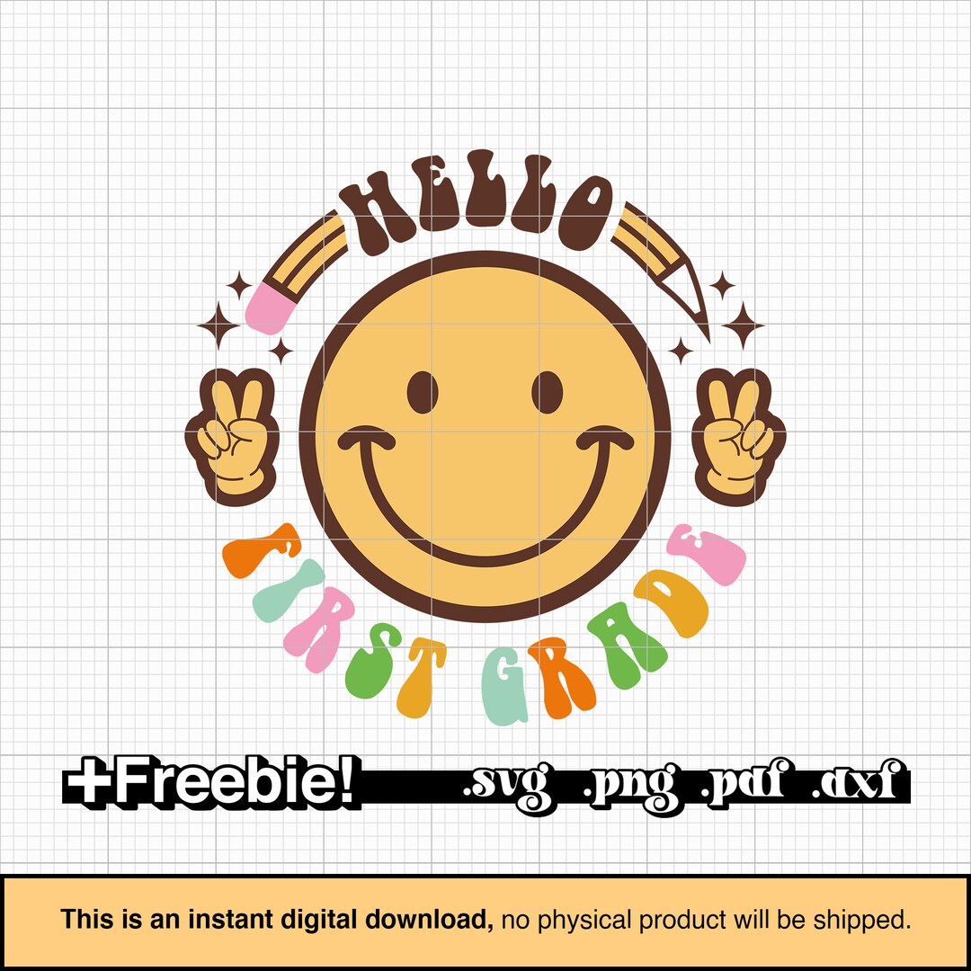 Hello First Grade SVG, Back to School, Retro Smiley Face, Pencil Svg ...
