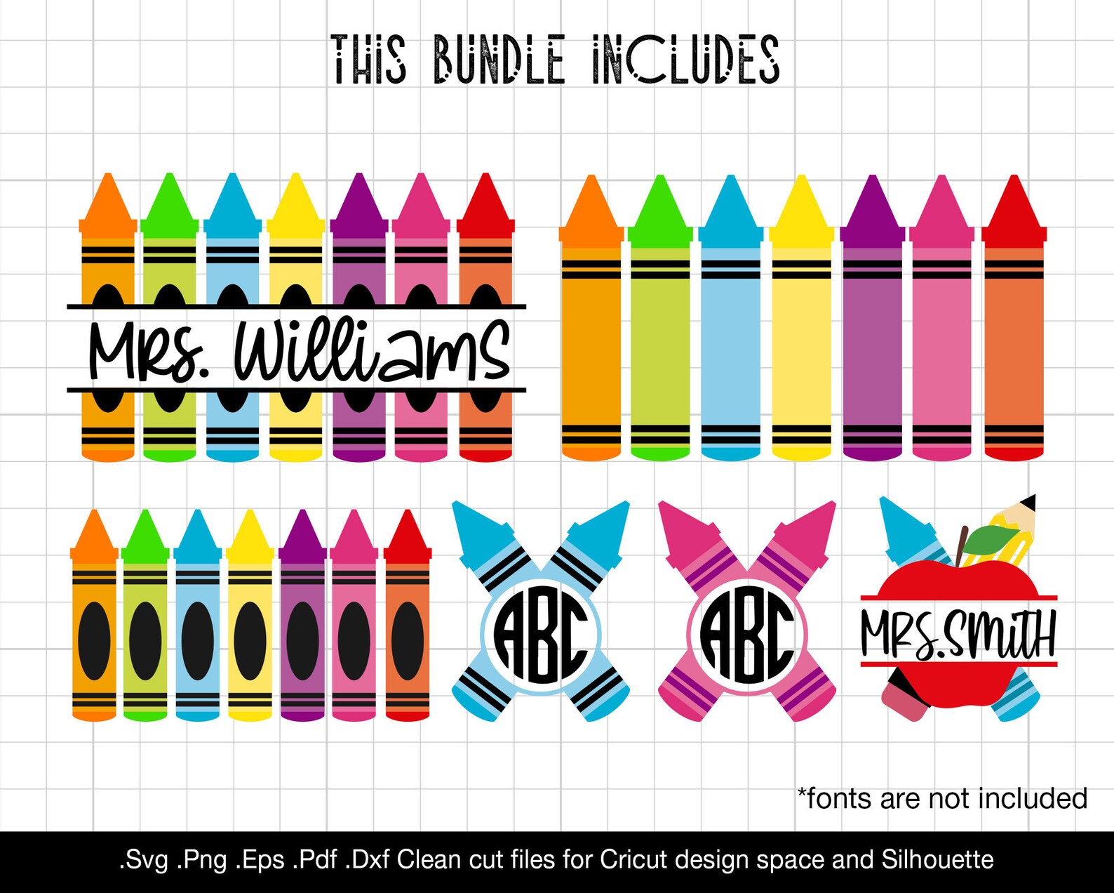Crayon Split Monogram Svg Bundle, Crayon Svg, Teacher Svg, Teacher Name ...
