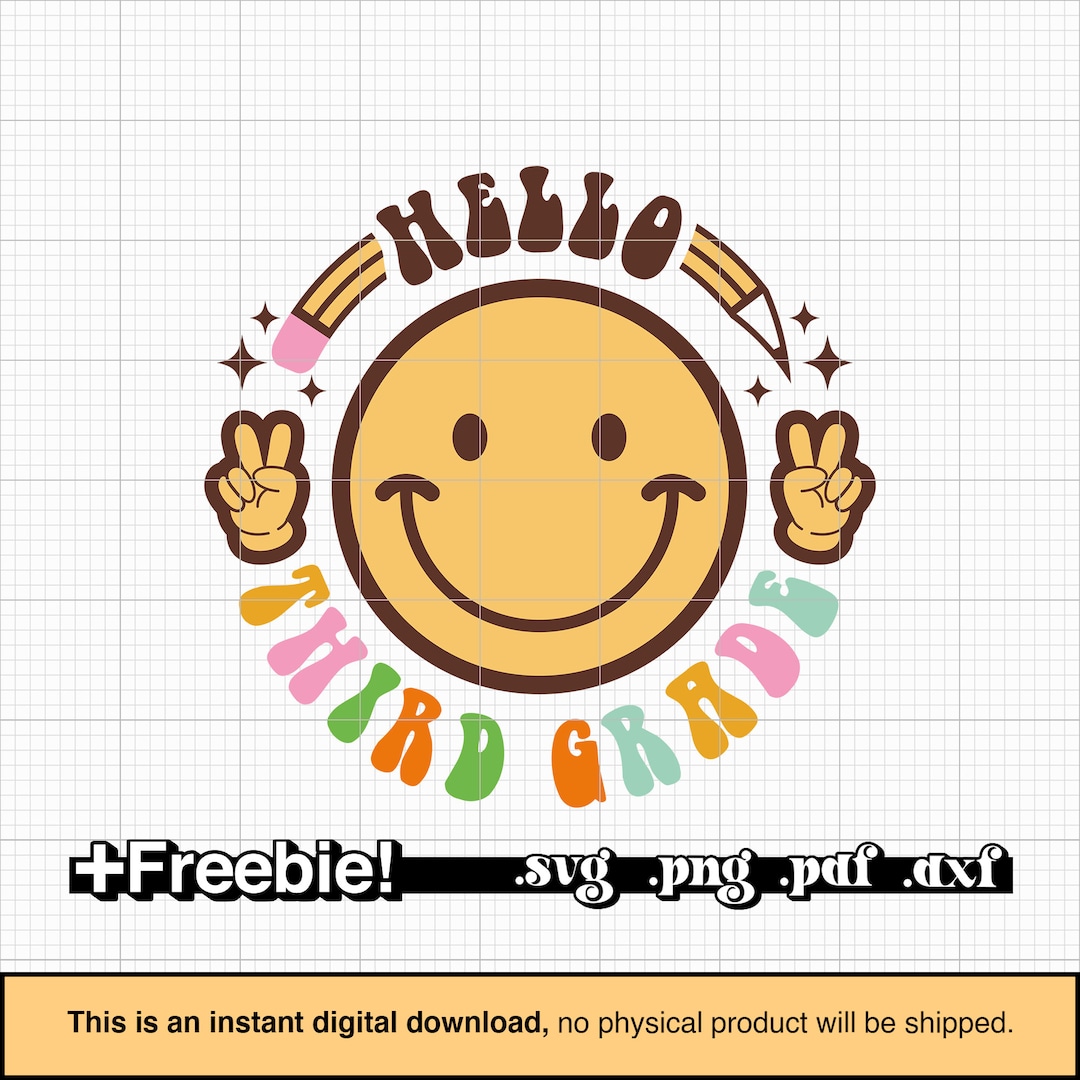 Hello Third Grade SVG, Back to School, Retro Smiley Face, Pencil SVG ...