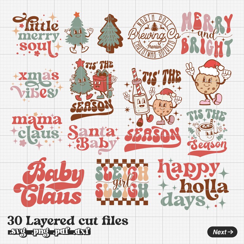 Retro Christmas Bundle Svg, Boho Christmas Svg Png Bundle, Groovy ...