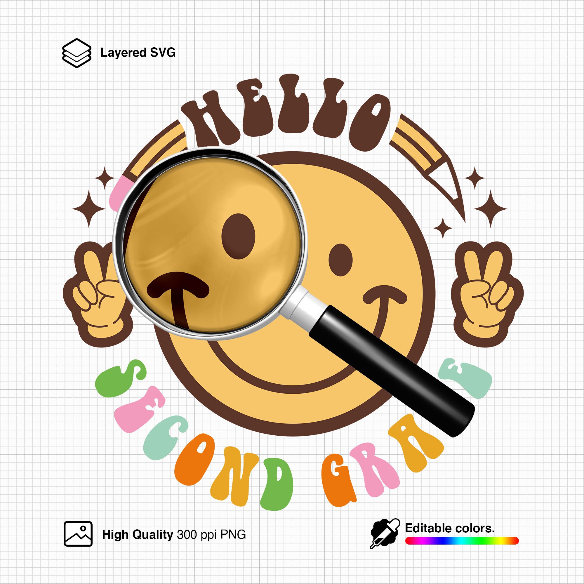 Hello Second Grade SVG, Back to School, Retro Smiley Face, Pencil SVG ...