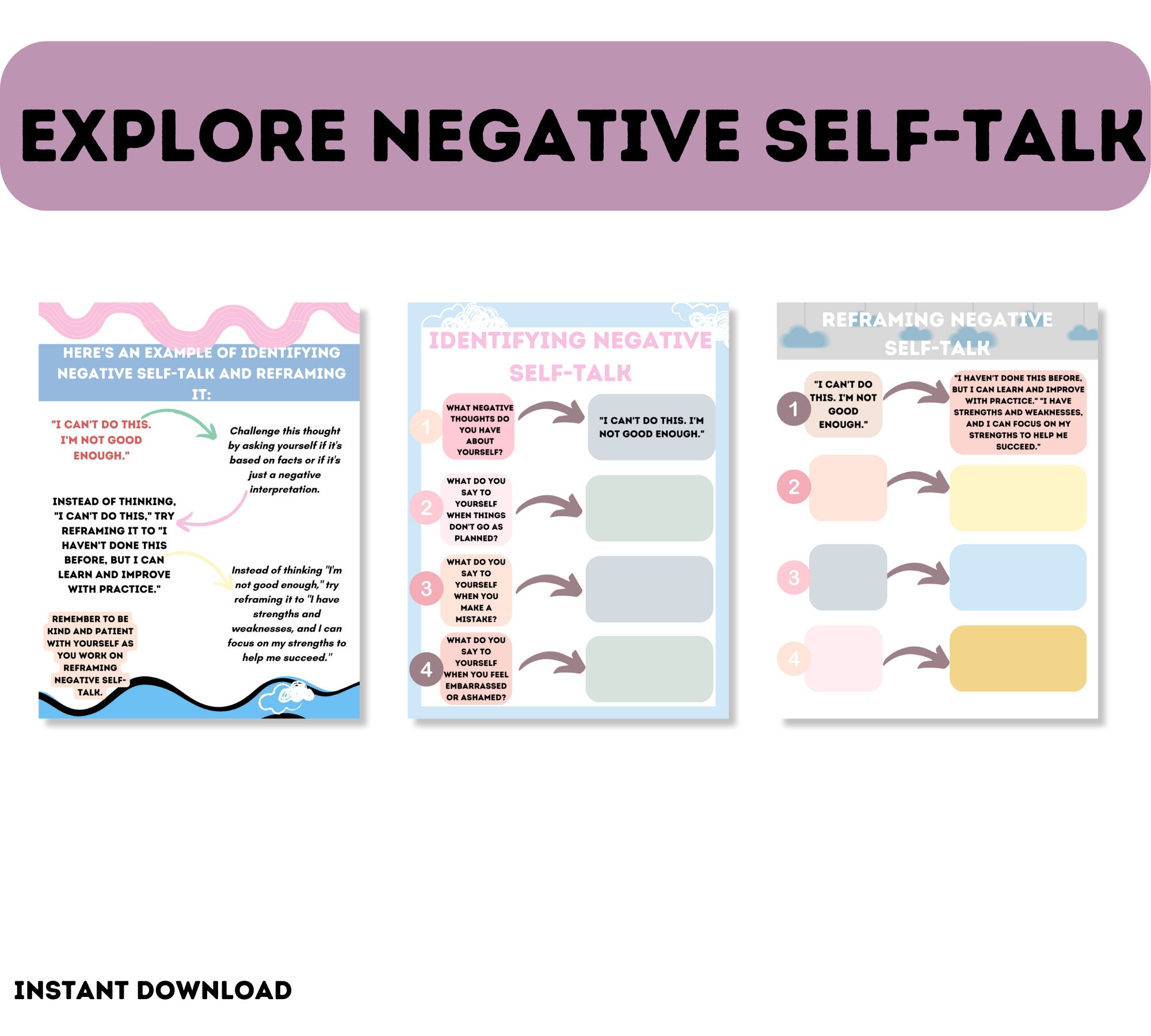 Negative Self-talk Worksheet Therapy Anxiety Worksheets DBT - Etsy