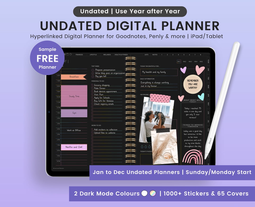 Undated Dark Mode Digital Planner, Undated Digital Planner, Dark Mode ...