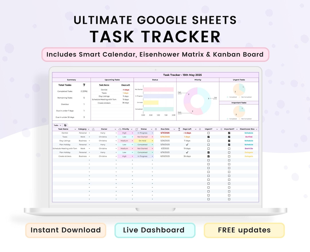 Task Tracker, Google Sheets Task Tracker With Smart Calendar, Kanban ...