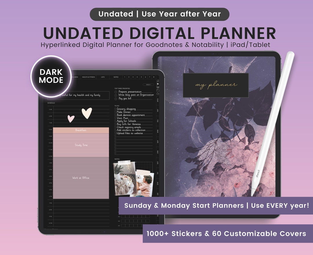 Dark Mode Undated Digital Planner: Hyperlinked Portrait Planner ...