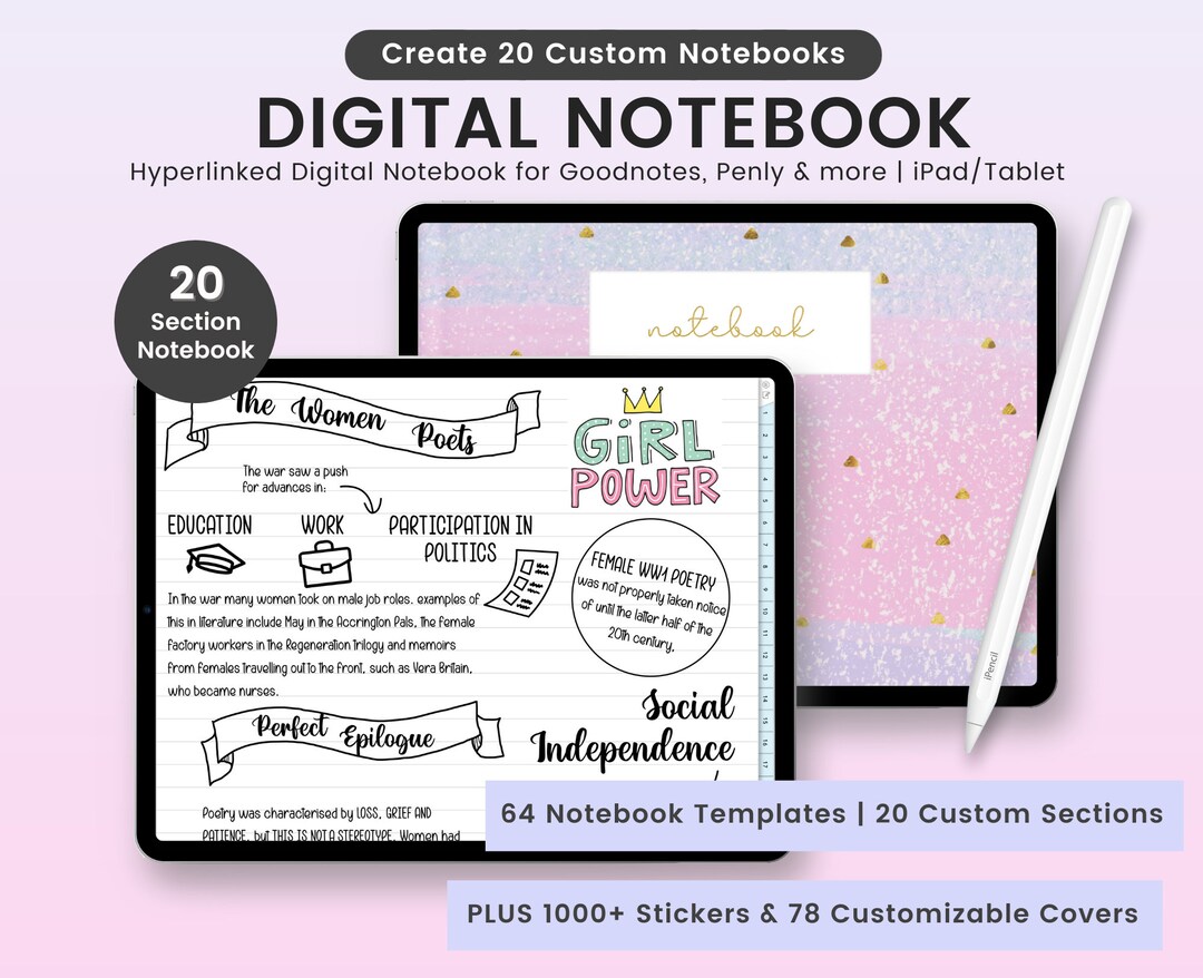 20-section Digital Notebook: 64 Templates, 1000+ Stickers (goodnotes ...