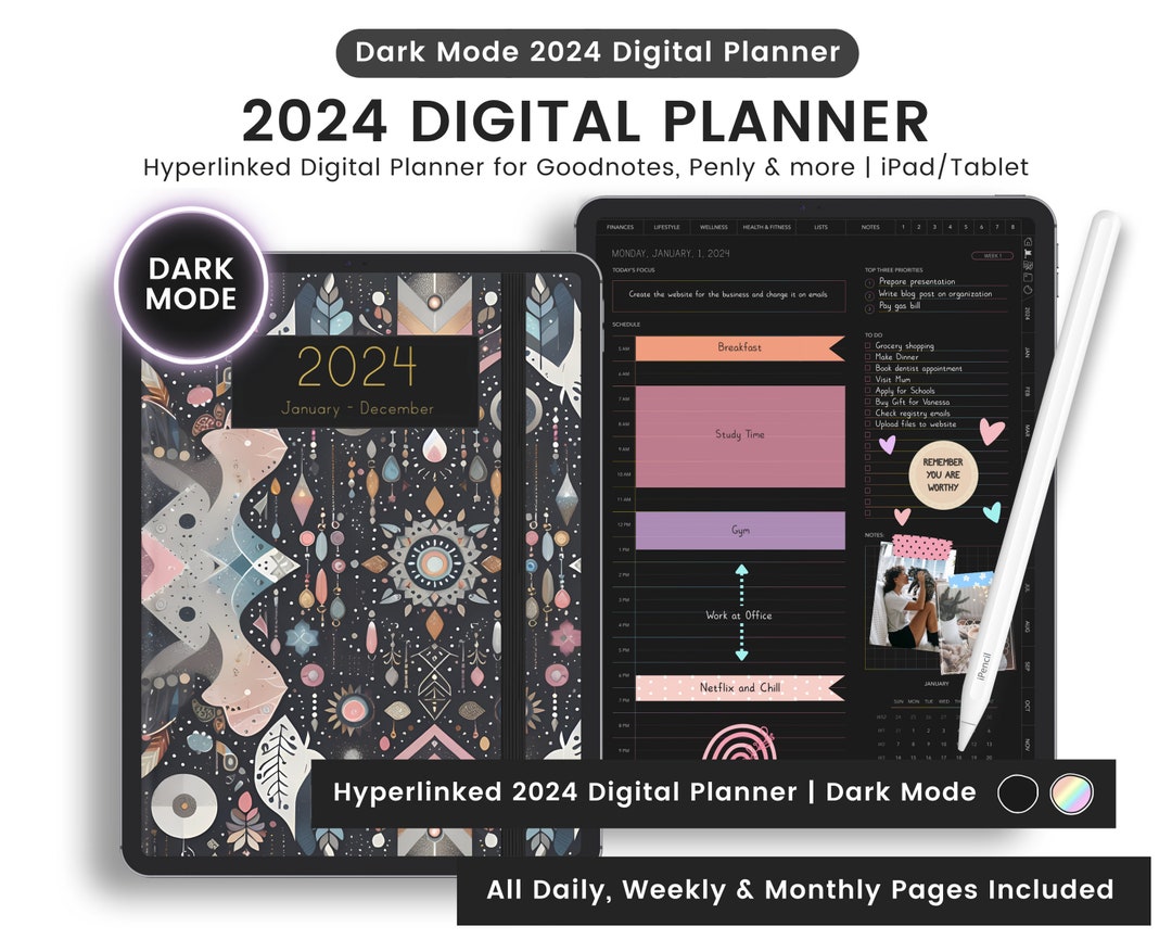 2024 Dark Mode Planner, 2024 Planner, Digital Planner, Dark Mode ...