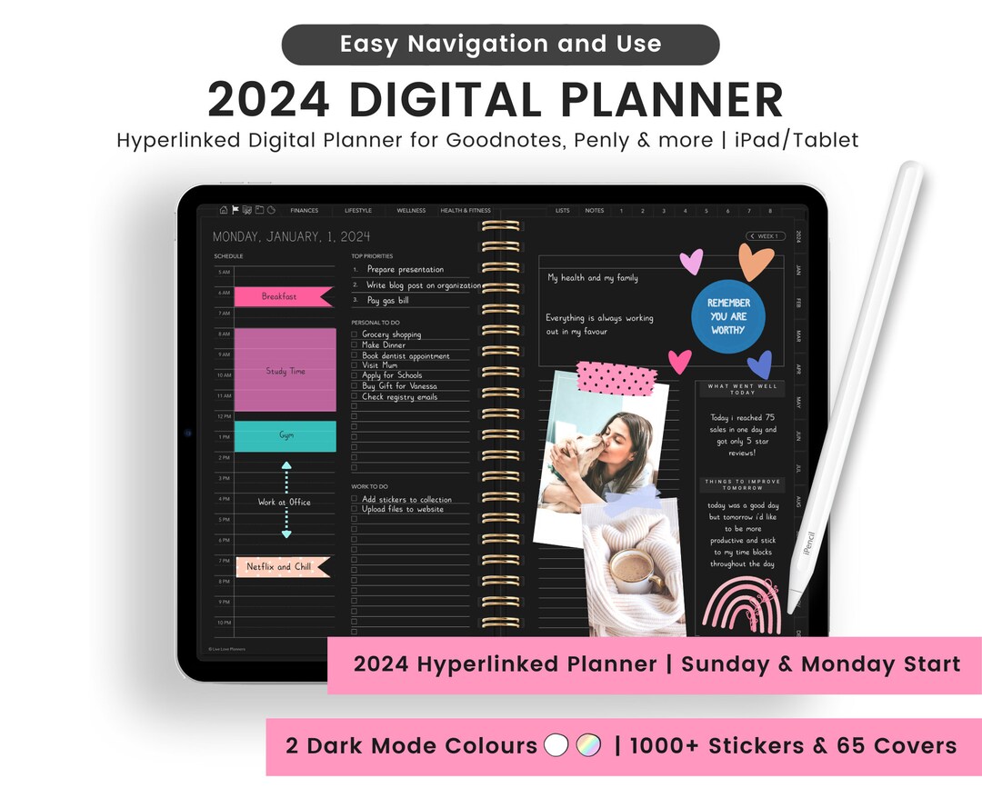 2024 Dark Mode Digital Planner, 2024 Digital Planner, Dark Mode Dated ...
