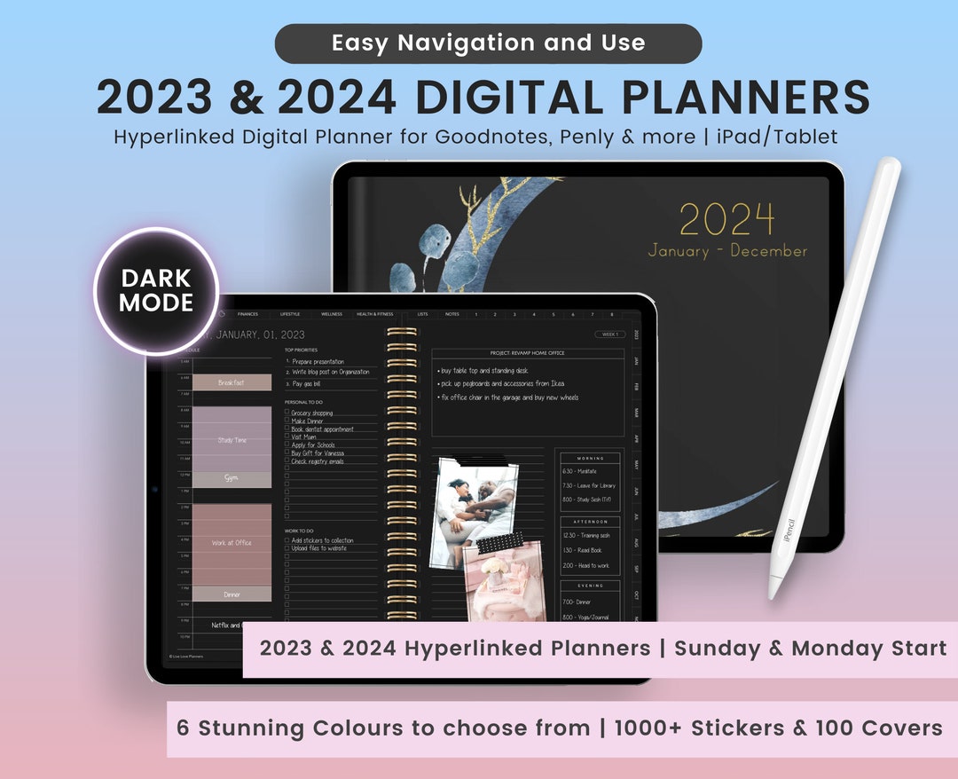 2023 2024 Dark Mode Digital Planner, 2023 2024 Planner, Dark Mode ...