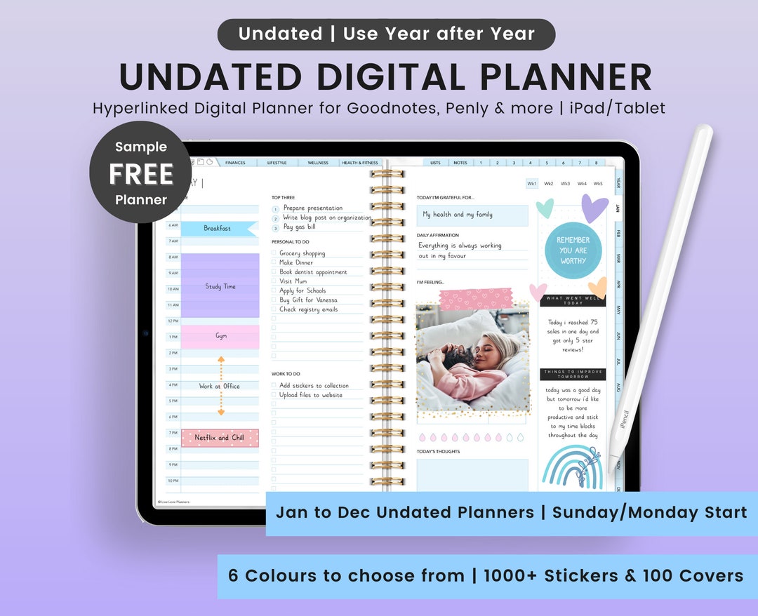 Undated Digital Planner: Hyperlinked Goodnotes Planner With Stickers - Etsy