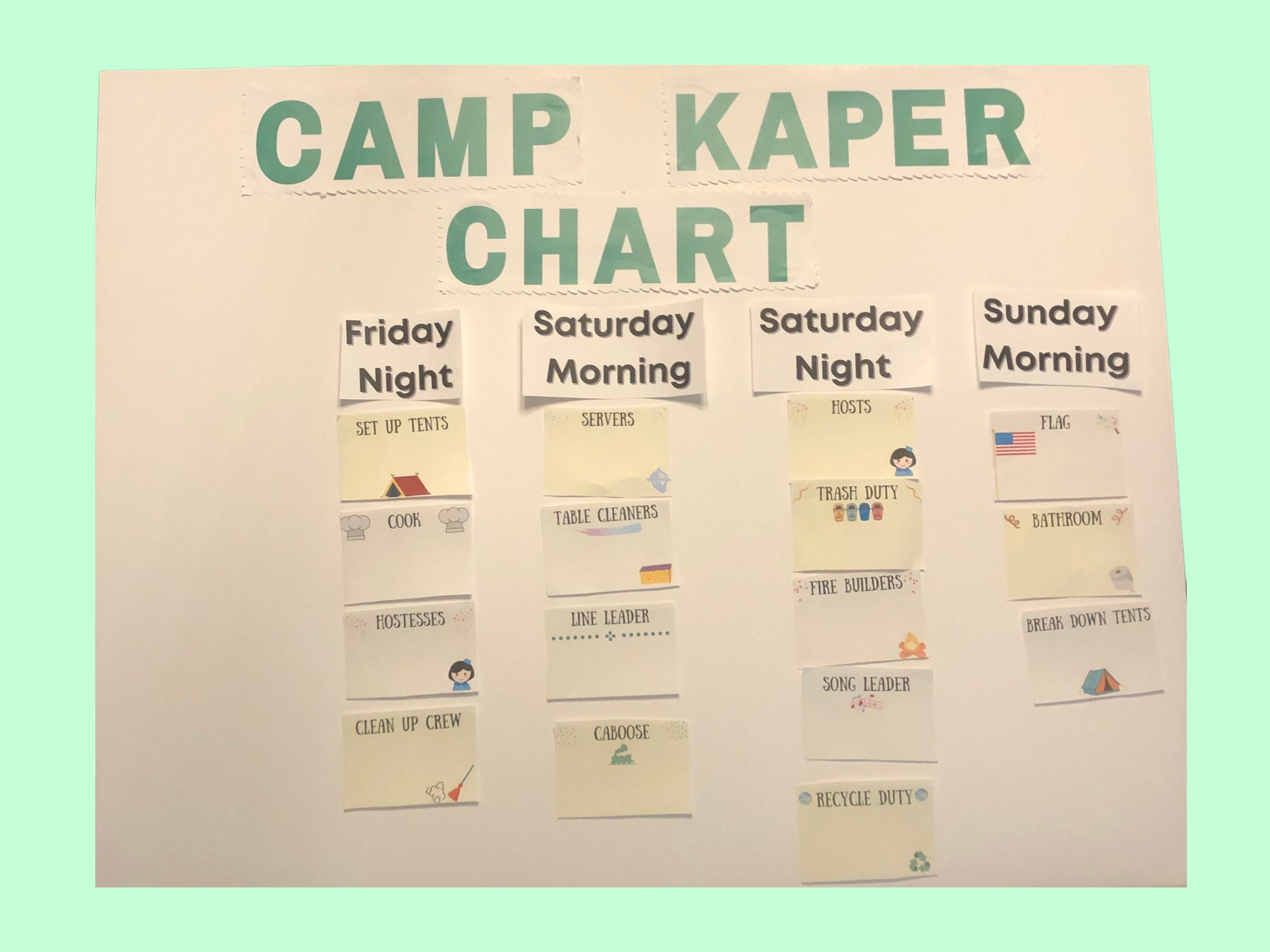 Girl Scout Camping Kaper Chart for Daisies Brownies Juniors Cadettes ...