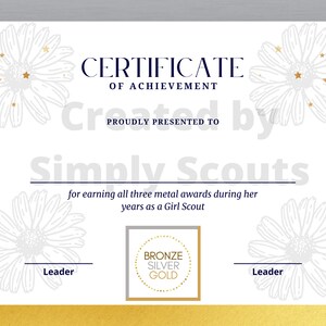 Girl Scout Triple Metal Certificate for Bronze Silver and Gold Award ...