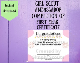 Updated 1st Year Ambassador Girl Scout Completion Certificate Fillable ...