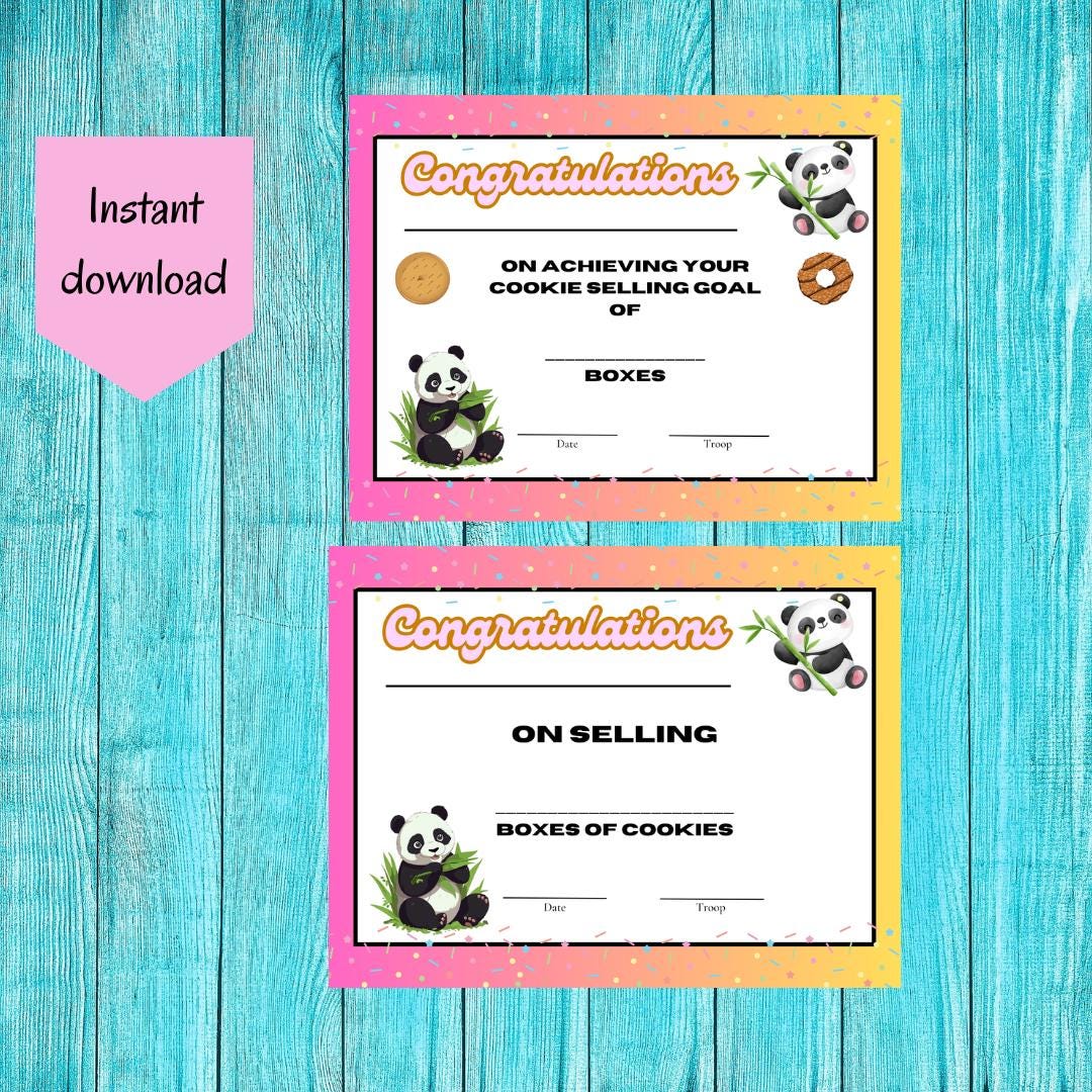 Girl Scout Cookie Season 2025 Certificates Panda Themed Two Kinds Two ...