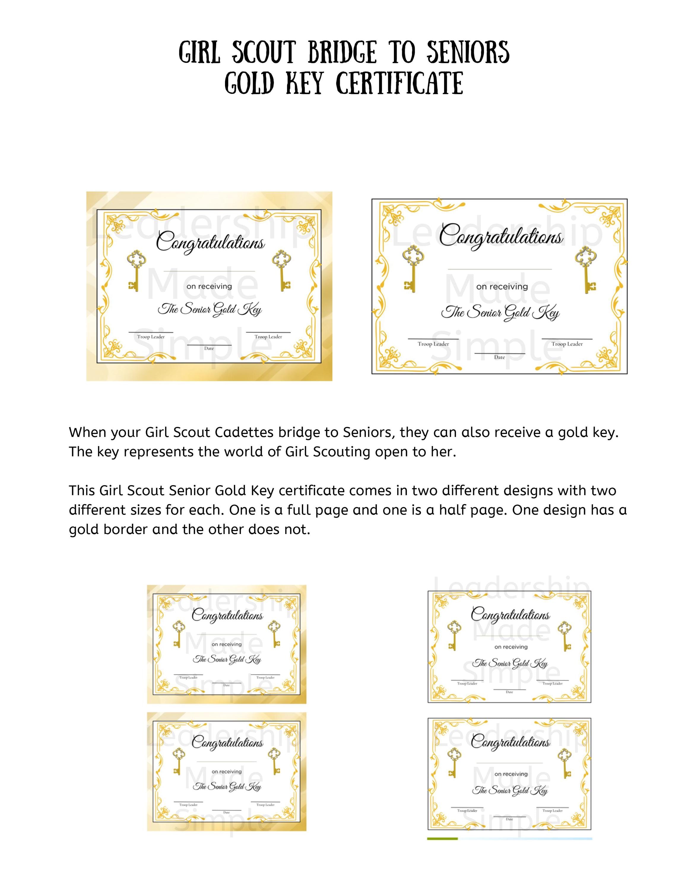 Girl Scout Senior Gold Key Certificates Two Versions Two Sizes Bridging ...