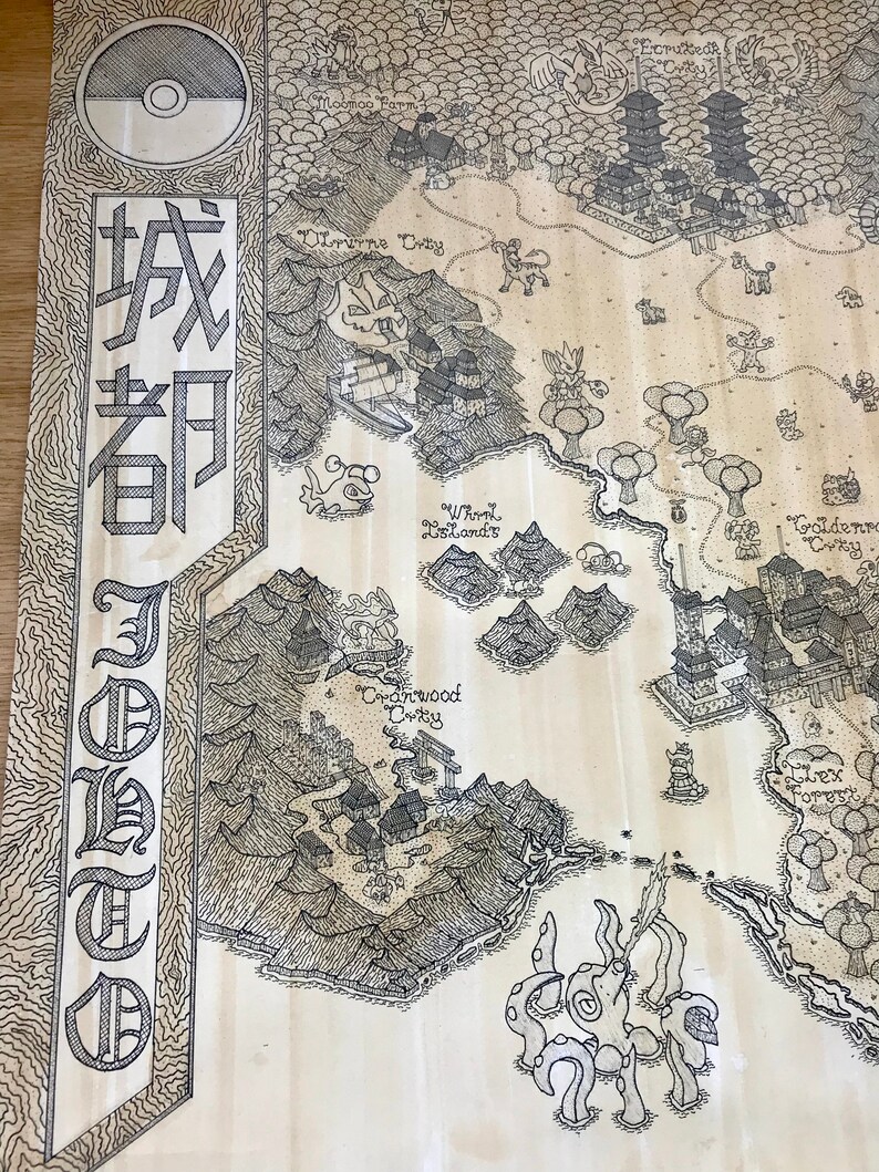 Pokémon Johto Map With All 100 Generation 2 Pokémon Illustrated in A1 ...