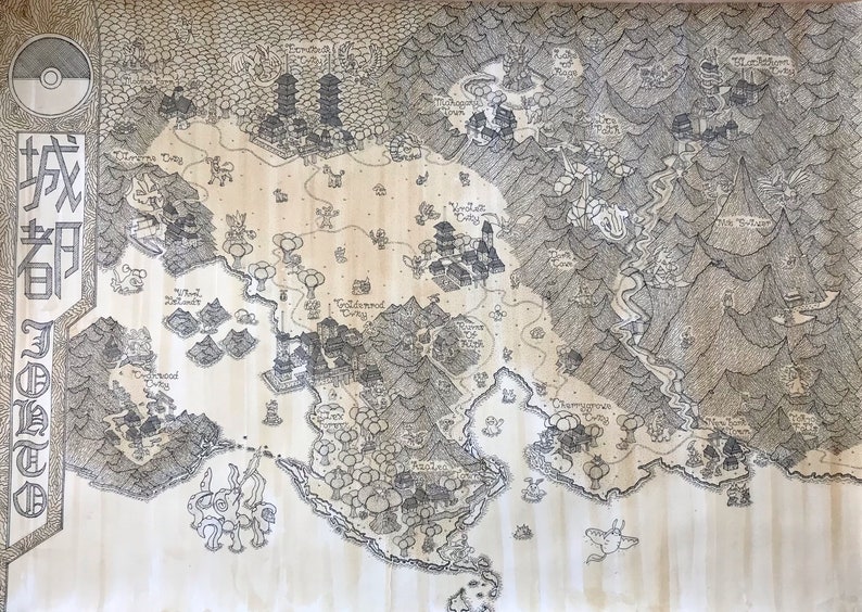 Pokémon Johto Map With All 100 Generation 2 Pokémon Illustrated in A1 ...