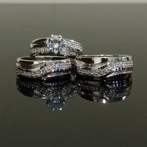 Wedding Trio Sets, 14K White Gold Finish His and Her 2.00 Ctw VVS1 ...