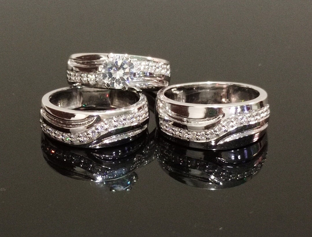 Wedding Trio Sets, 14K White Gold Finish His and Her 2.00 Ctw VVS1 ...