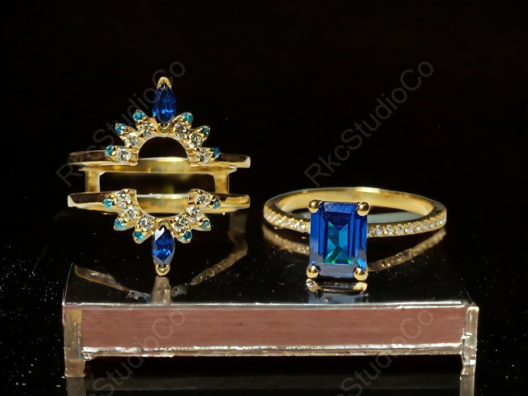 Enhancer Ring Sets, 3.00 Ct Emerald Cut Blue Sapphire and Diamonds ...