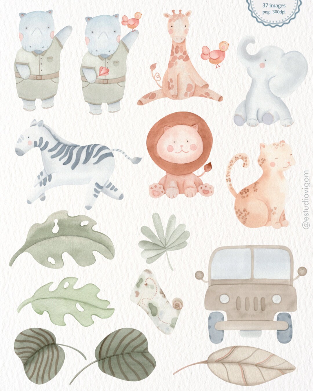 Watercolor Safari Clipart Bundle: Hand-painted Animals, Digital Papers ...