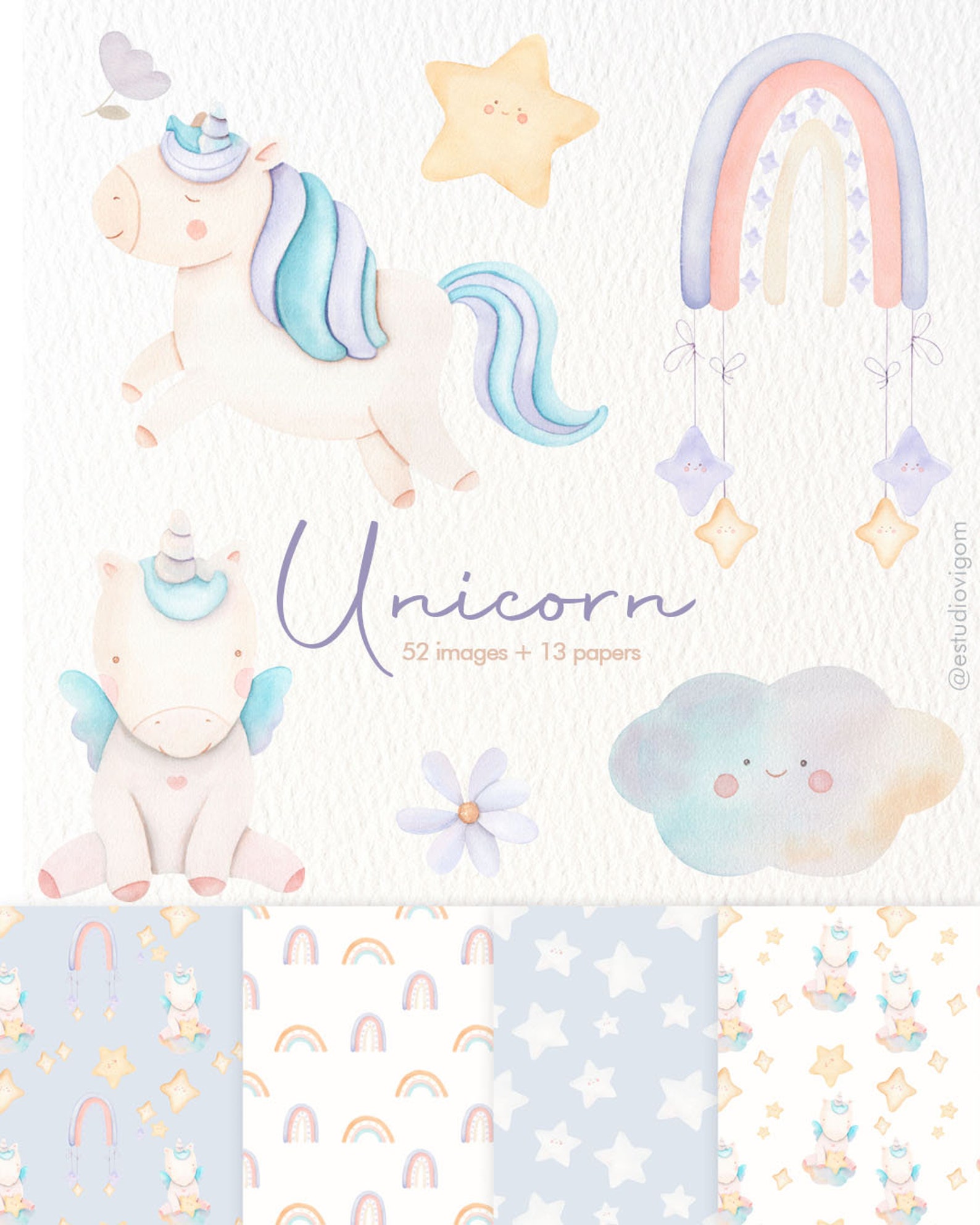 Watercolor Unicorn Digital Kit: PNG Graphics & Clipart for Download ...