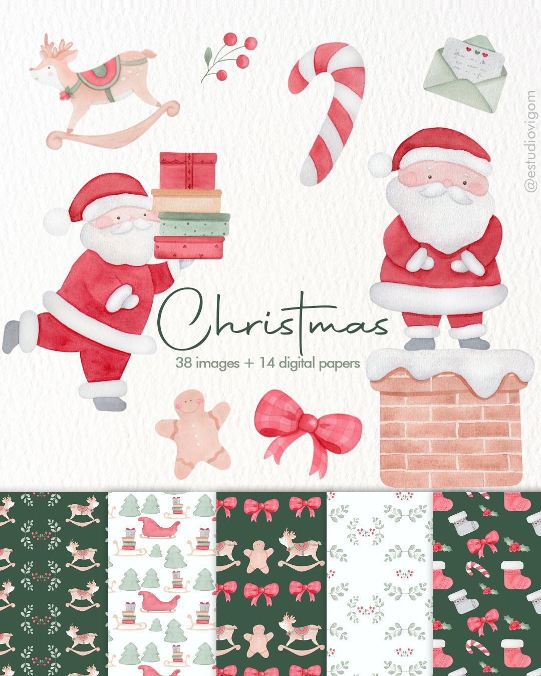 Watercolor Christmas Clipart and Digital Papers - Santa Claus, Gifts ...