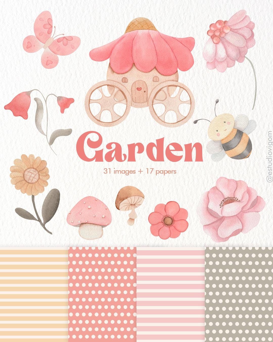 Watercolor Garden Digital Kit: Hand-painted PNG Graphics & Clipart ...