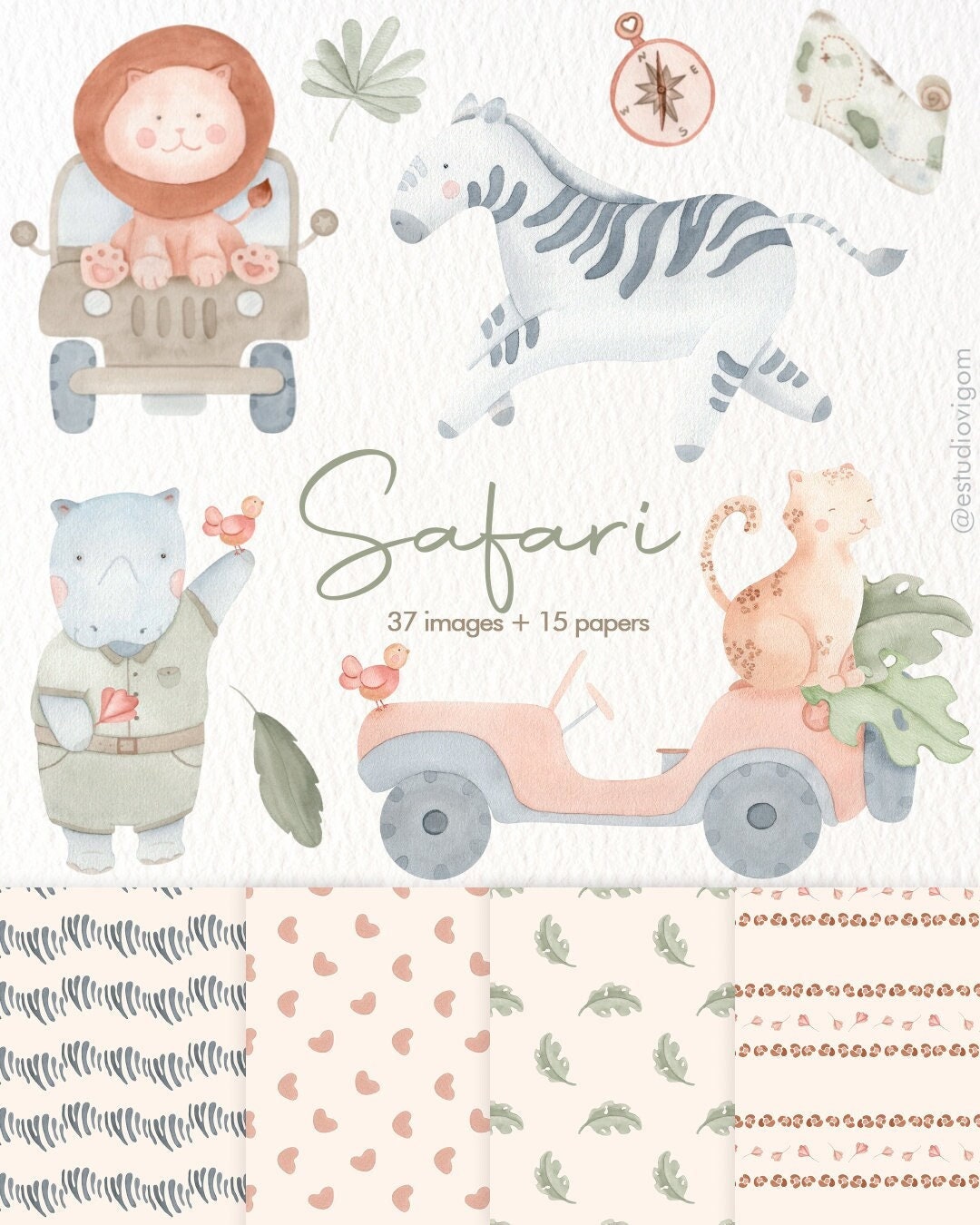 Watercolor Safari Clipart Bundle: Hand-painted Animals, Digital Papers ...