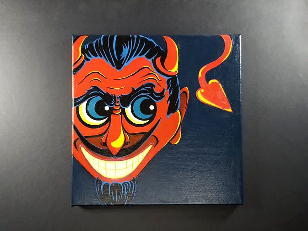 Vintage Style Devil Acrylic Painting on Canvas: Halloween Retro Wall ...