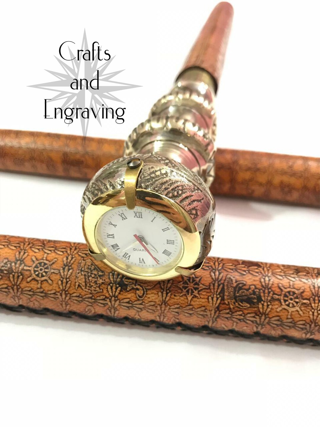 Antique Brass Anchor Walking Cane: Leather Shaft, Clock Handle - Etsy
