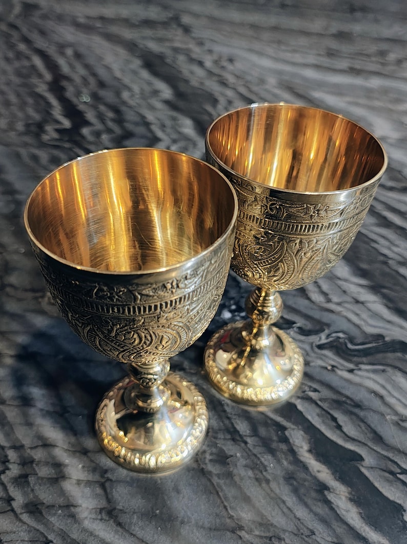 Set of 2 Handmade Brass Chalice Goblet: Royal Engraved King's Wine Cup ...