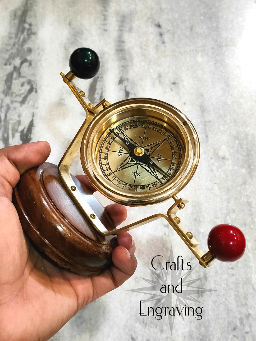 7.5" Nautical Brass Handmade Floating Gimbals Compass With Wooden Base ...