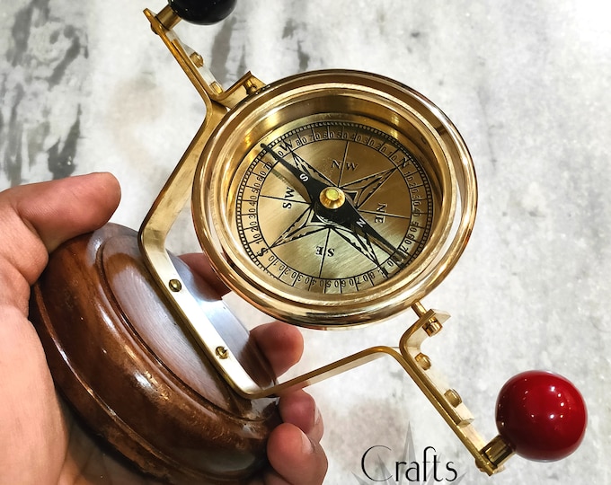 7.5" Nautical Brass Handmade Floating Gimbals Compass With Wooden Base ...