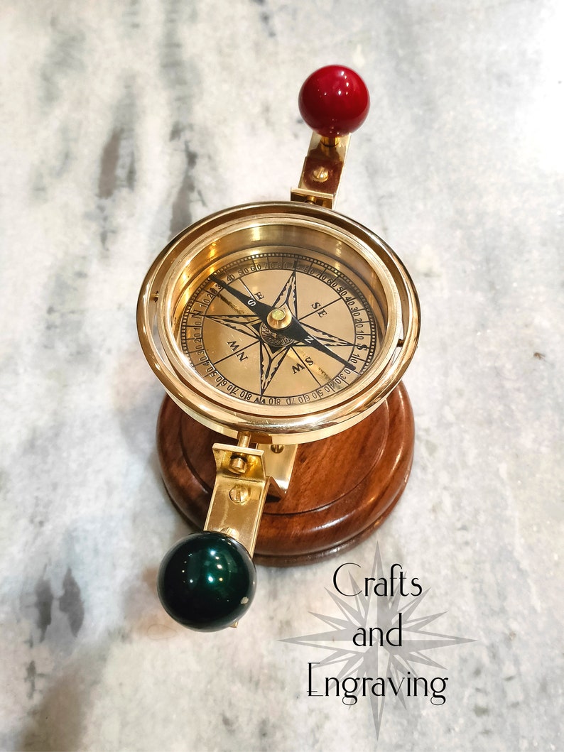 7.5" Nautical Brass Handmade Floating Gimbals Compass With Wooden Base ...